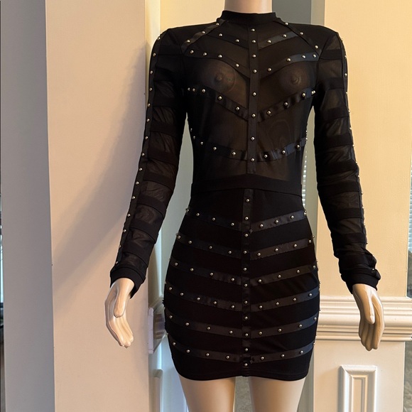 privy | Dresses | Privy Black Sheer Studded Longsleeve Dress | Poshmark